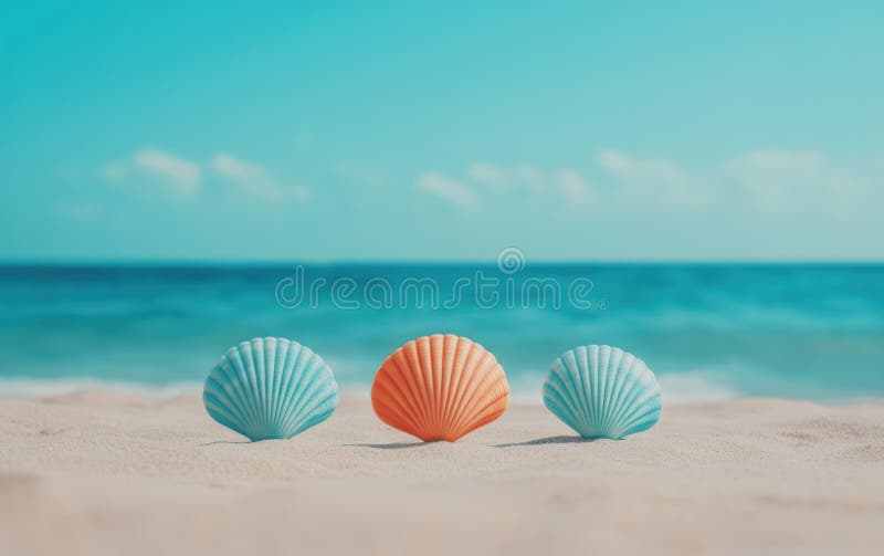 Three Seashells on Sandy Beach Under a Clear Blue Sky. Stock Photo ...