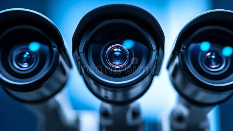 Three Security Cameras Close Up Dark Blue Background Stock Illustration ...