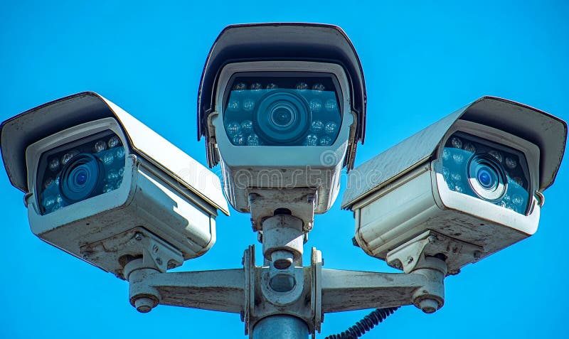 Three Security Cameras are Mounted on a Pole, One of Which is Facing ...