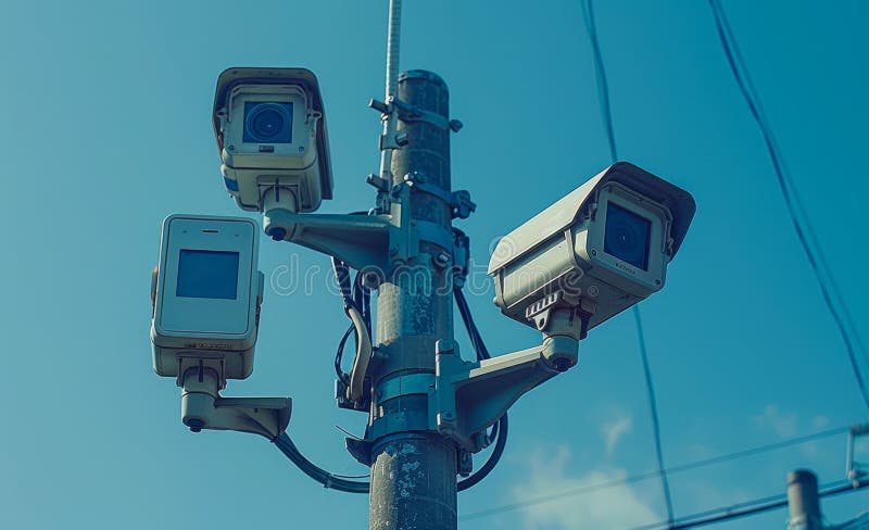Three Security Cameras are Mounted on a Pole. the Top Camera Has the ...