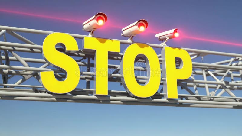 Three Security Cameras Placed Above a "STOP" Sign on a Metal Frame Over ...