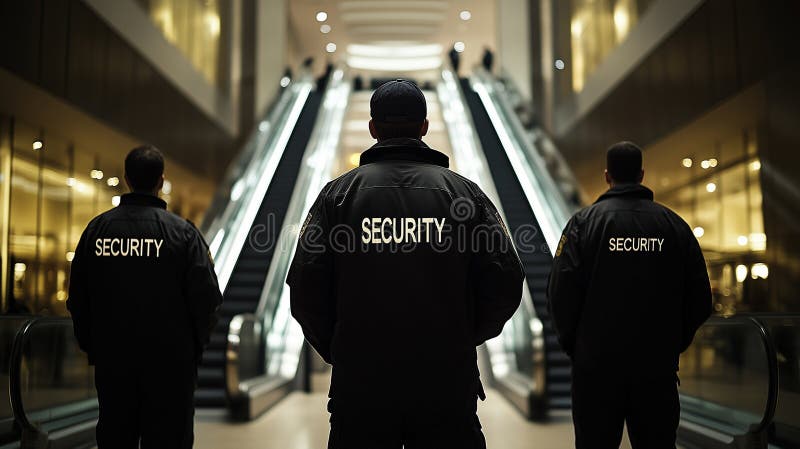 Three Security Guards Standing Near Escalators in a Modern Building ...