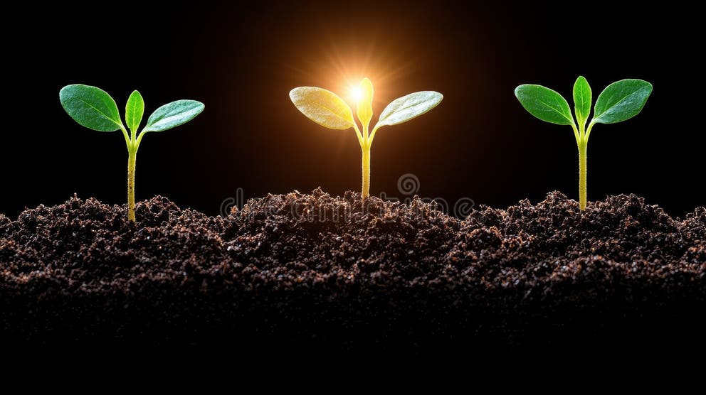 Three Seedlings Growing in Soil, Illuminated by Sunlight, Symbolizing Growth and New Beginnings ...