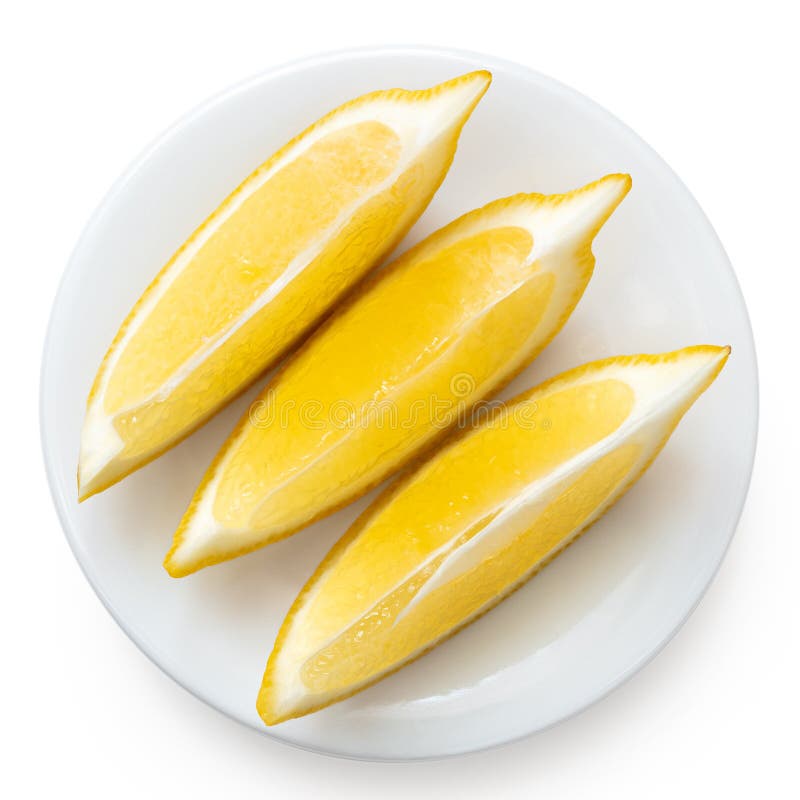 Three Segments of Fresh Lemon on White Plate from Above Stock Photo ...