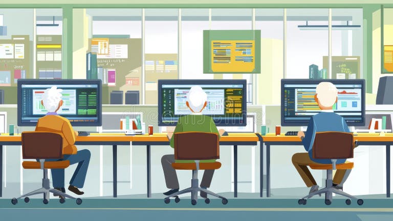 Three Senior Men Working at Computers in a Modern Office Stock ...