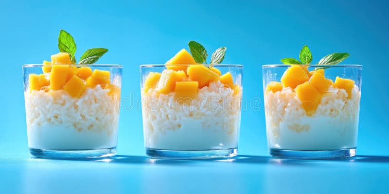 Three Glasses of Coconut Rice Pudding with a Mint Garnish on a Blue ...