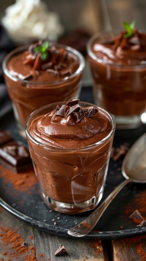Three Servings of Chocolate Pudding in Glasses Placed on a Plate with ...