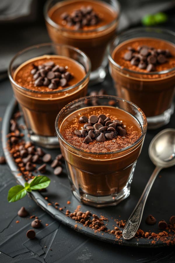 Three Servings of Creamy Chocolate Pudding Topped with Chocolate Chips ...