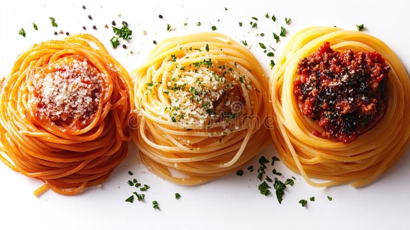 Three Servings of Spaghetti with Different Sauces Tomato, Butter, and ...