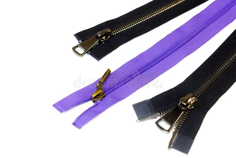 Three Sewing Zippers, Two Black and One Lilac Color Stock Image - Image ...