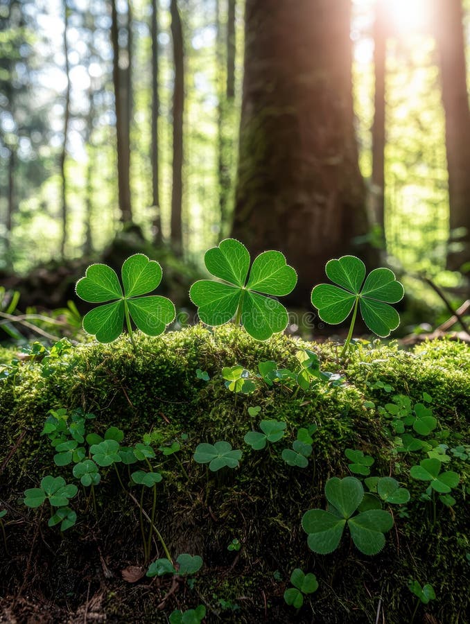 Three Shamrocks Growing on a Mossy Forest Floor Bathed in Sunlight ...