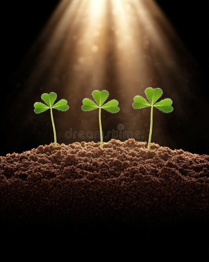 Three Shamrocks Growing in Soil Under a Bright Light. Stock ...