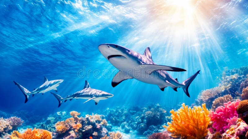 Three Sharks Swim Gracefully through Vibrant Coral Reefs Under Bright ...