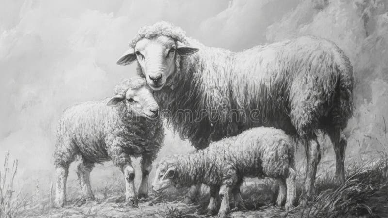 Three Sheep Family in Monochrome Illustration Stock Illustration ...