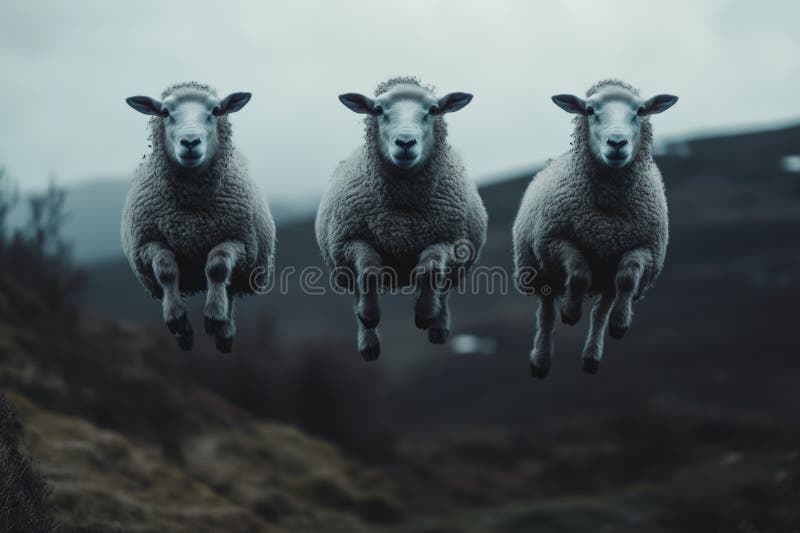 Three Sheep Leaping in Mid-air on a Grassy Hill, Serene Landscape Stock ...