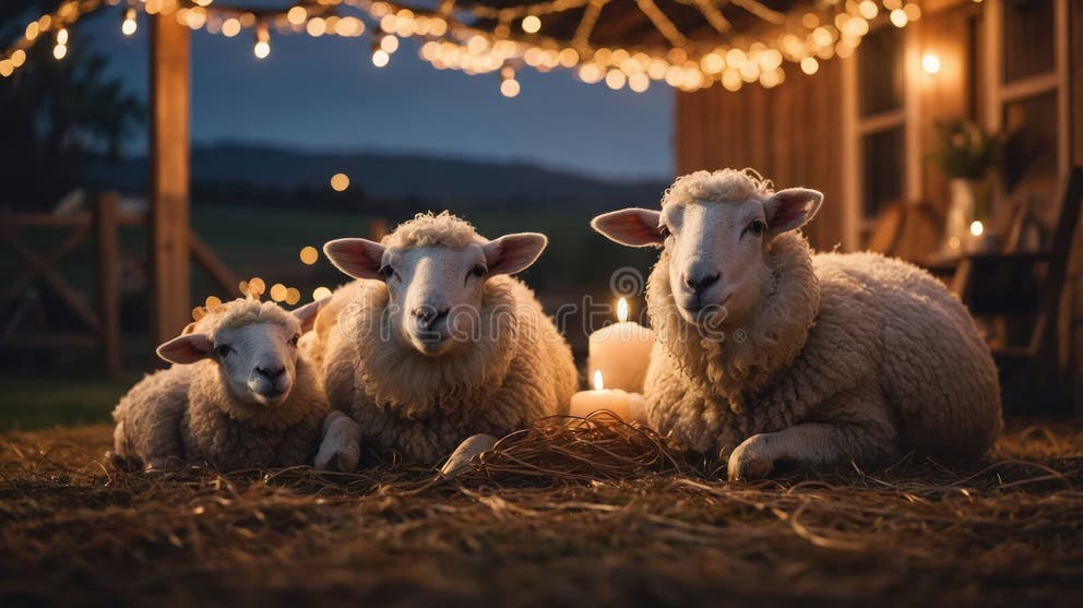 Adorable Sheep Family at Night with Fairy Lights Stock Illustration ...