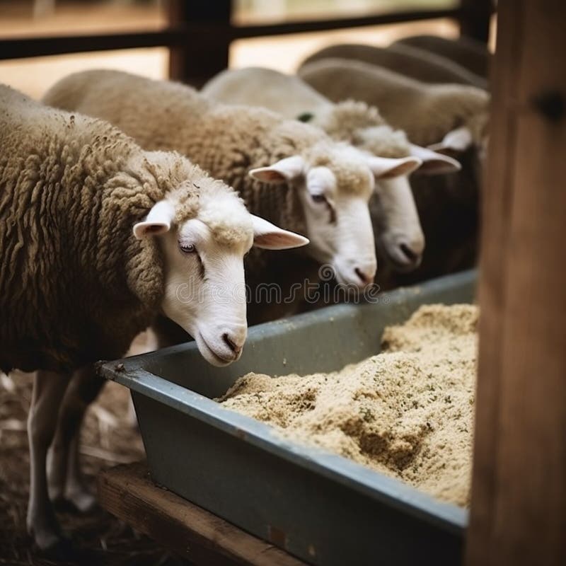 Three Sheep are Seen Side by Side, Enjoying Their Feed from Long Trough ...