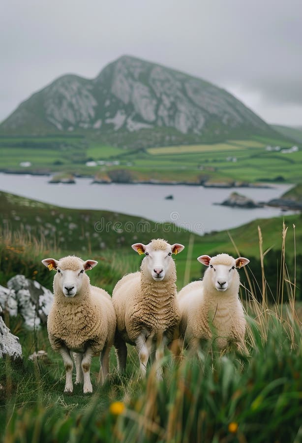 Three Sheep Standing in a Field with Mountains in the Background Stock ...
