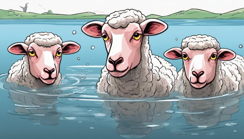 Three sheep in the water stock illustration. Illustration of creative ...