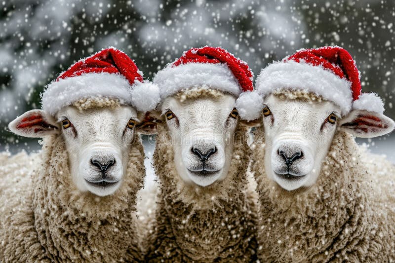Three Sheep Wearing Santa Hats Stand in the Snow Stock Image - Image of ...