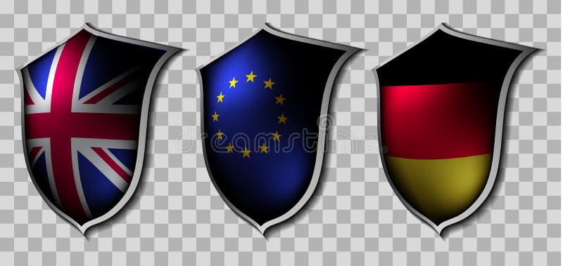 Three shields with flags stock vector. Illustration of power - 94728048