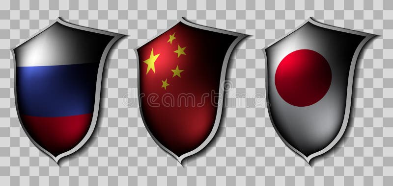 Three shields with flags stock vector. Illustration of power - 94728048