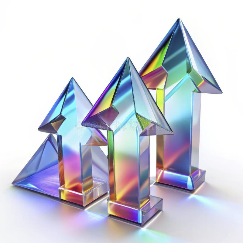 Three Iridescent Crystal Arrows are Pointing Up on White Background ...