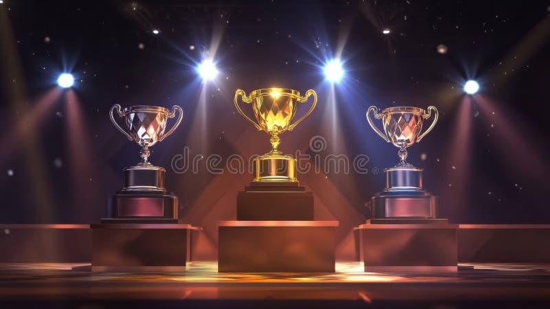 Three Shining Trophies on a Podium Under Spotlights, Award Ceremony ...