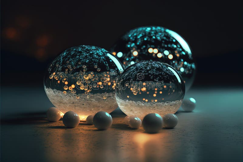 Three Shiny Balls with Lights on Them on a Table Top with a Black ...