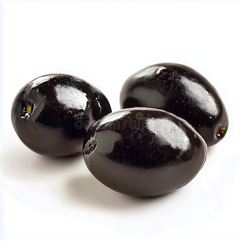 A Close Up Shot of Three Shiny Black Olives Arranged Together on a ...