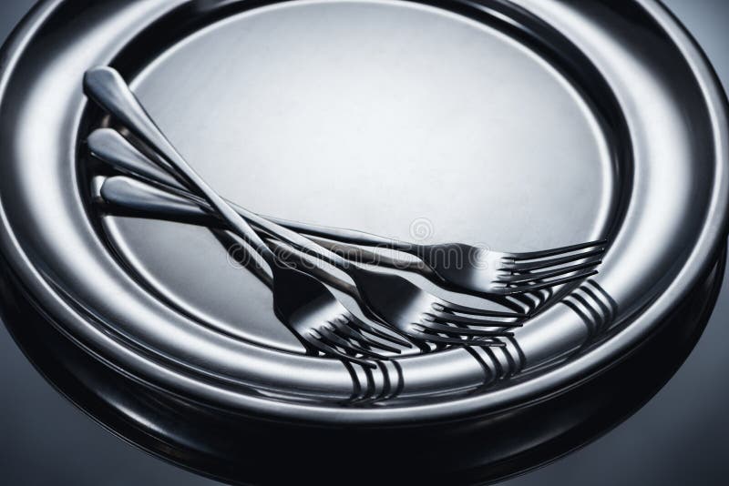 Three Shiny Forks on Metal Tray on Grey Stock Image - Image of cookware ...