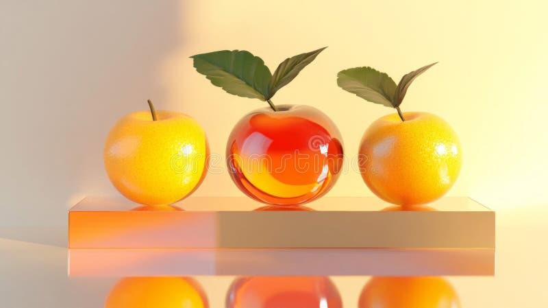 Three Shiny Glass Apples with Leaves on a Reflective Surface Stock ...