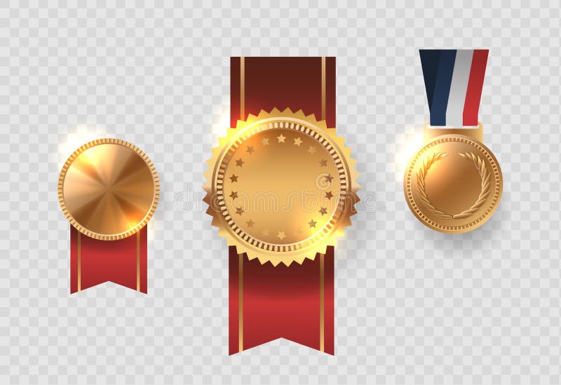 Three Shiny Gold Medals Adorned with Elegant Ribbons and Star Patterns ...