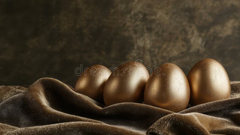 Three Shiny Golden Eggs Rest on a Soft Brown Cloth, Symbolizing Easter ...