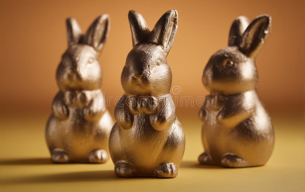 Three Shiny Metal Rabbits on a Bright Yellow Surface Create a Festive ...