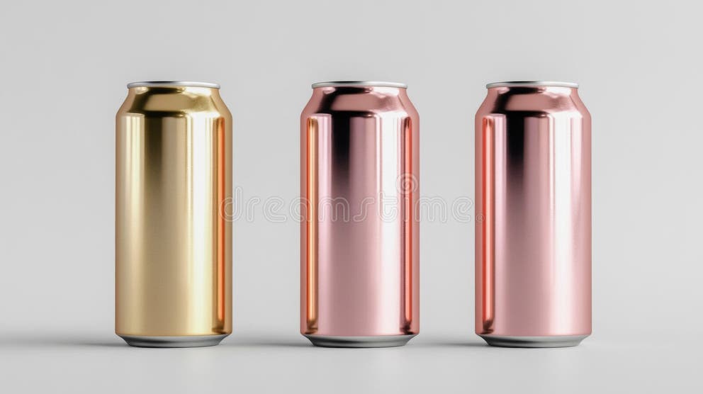 Three Shiny Metallic Aluminum Cans Gold and Pink in a Studio Setting ...