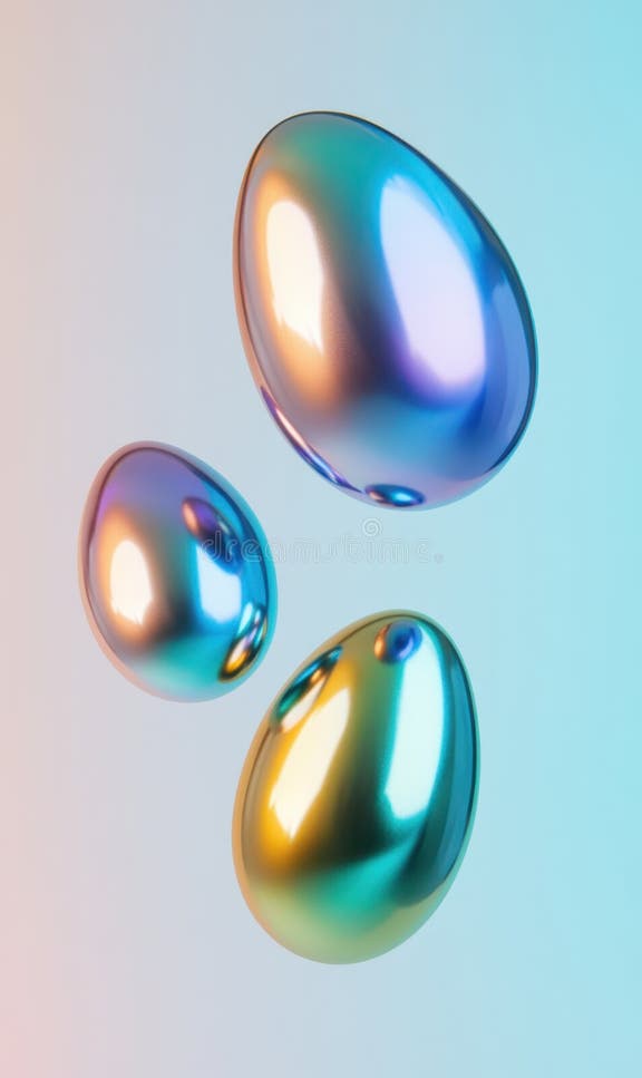 Three Shiny Metallic Eggs Hover Gracefully Against a Vibrant Blue ...