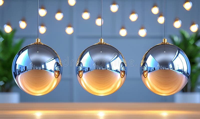 Shiny Silver Spheres Hanging with Warm Lights in Modern Interior Decor ...