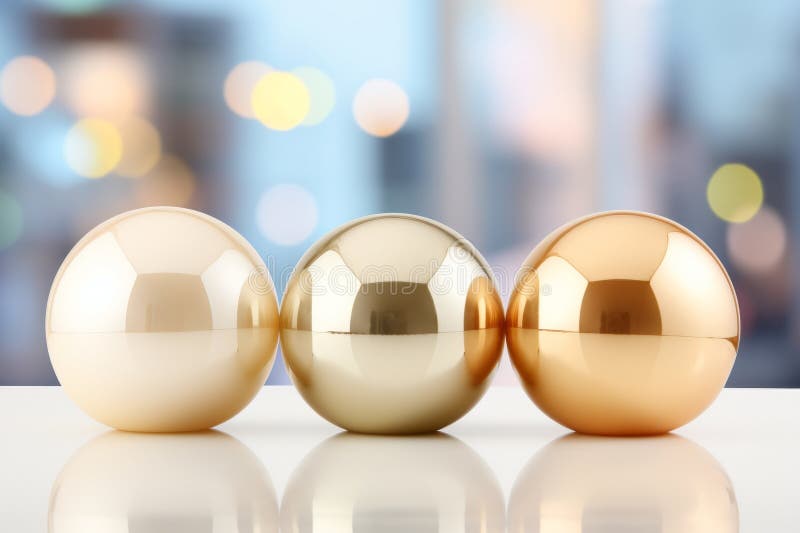 Three Shiny Spheres, Gold, Silver, and Pearl, on a Reflective Surface ...
