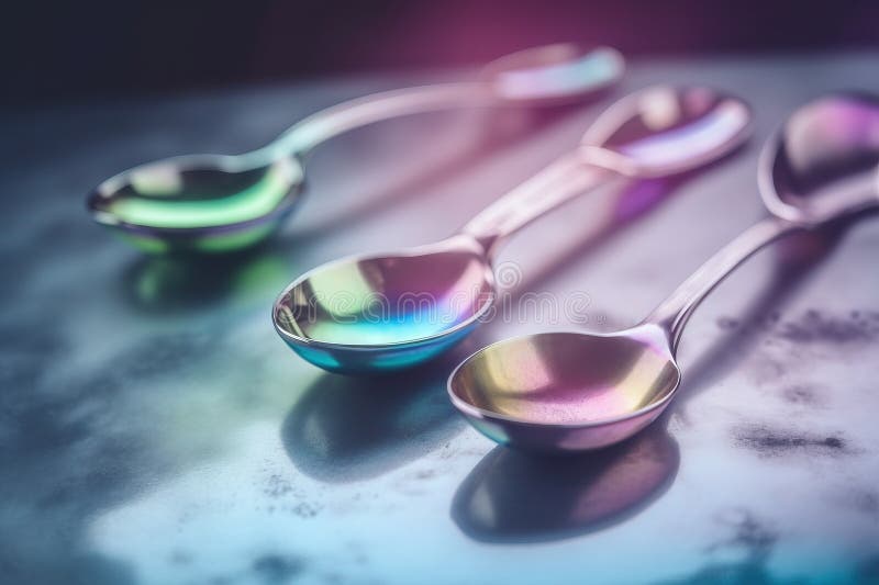 Three Shiny Spoons on a Table with a Blurry Background Stock ...