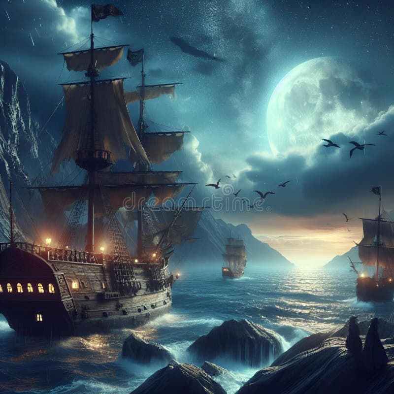 Three Ships Sailing in the Sea As a Mountain and Moon Rise in the ...