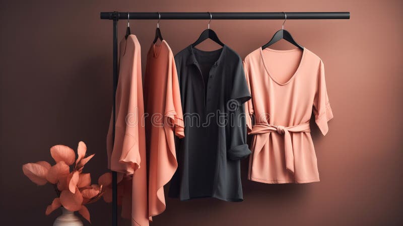 Three Shirts Hanging on a Clothes Rack with a Vase of Flowers Stock ...