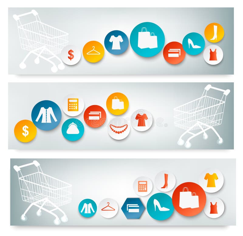 Three Shopping Banners with Colorful Icons. Stock Vector - Illustration ...