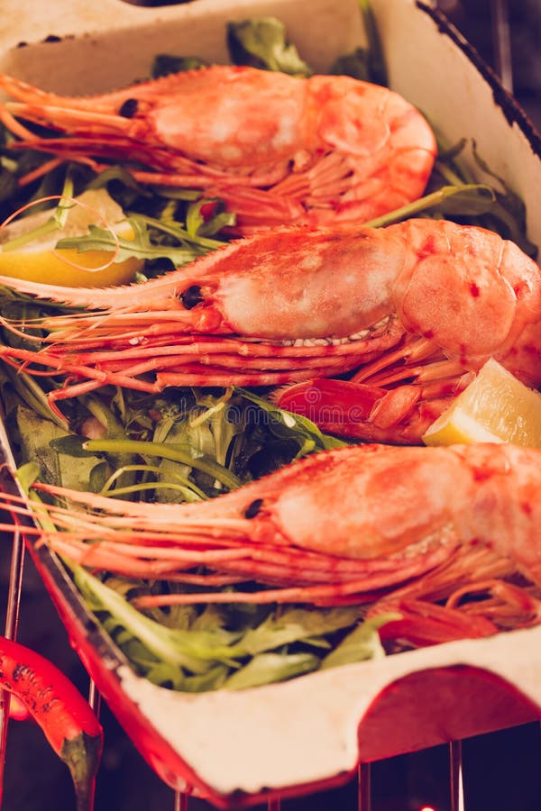 Three Shrimp on a Grlil with Instagram Style Filter Stock Photo - Image ...