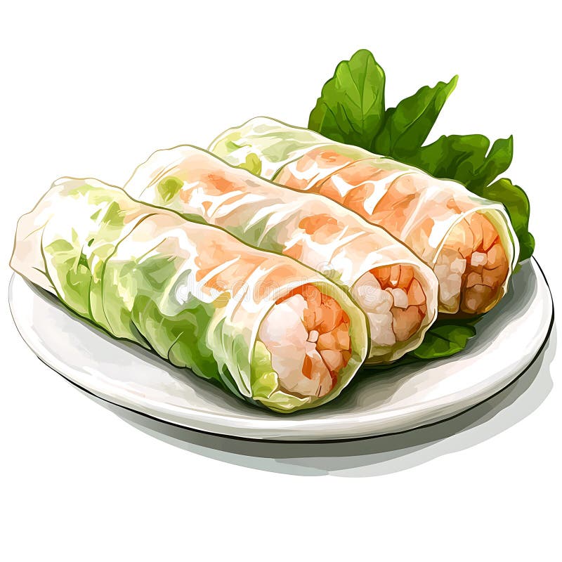 Three Shrimp Summer Rolls on a White Plate Stock Illustration ...