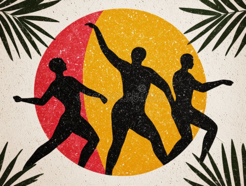 Three Silhouetted Figures Dance Against a Vibrant Sun Backdrop. Stock ...