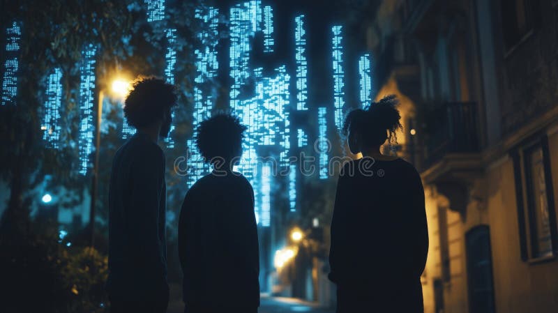 Three Silhouetted Figures Facing a Wall of Binary Code in an Urban ...