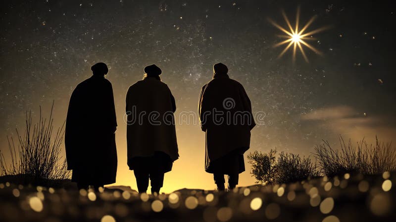 Three Silhouetted Figures Standing Under a Starry Sky with a Bright ...