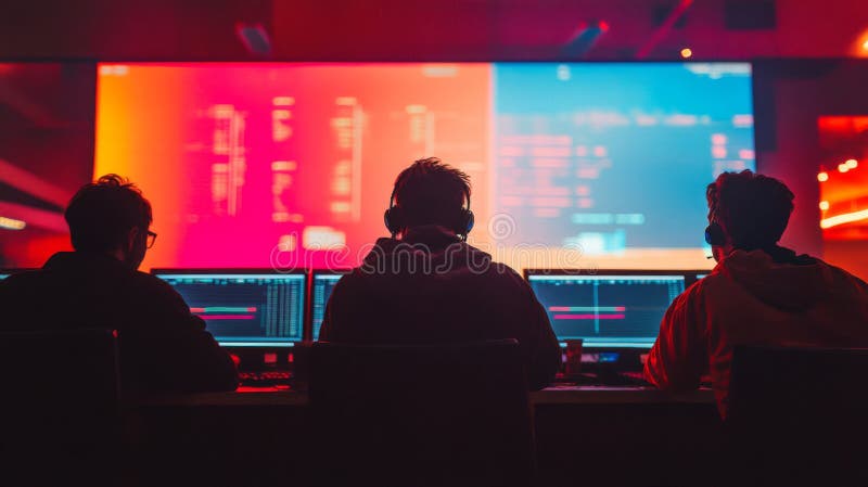 Three Silhouetted Figures Working at Computers in a Dark Room with Red ...