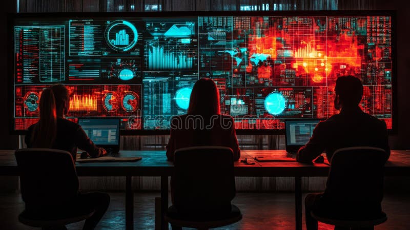 Three Silhouetted Figures Working in Front of a Large Screen Displaying ...